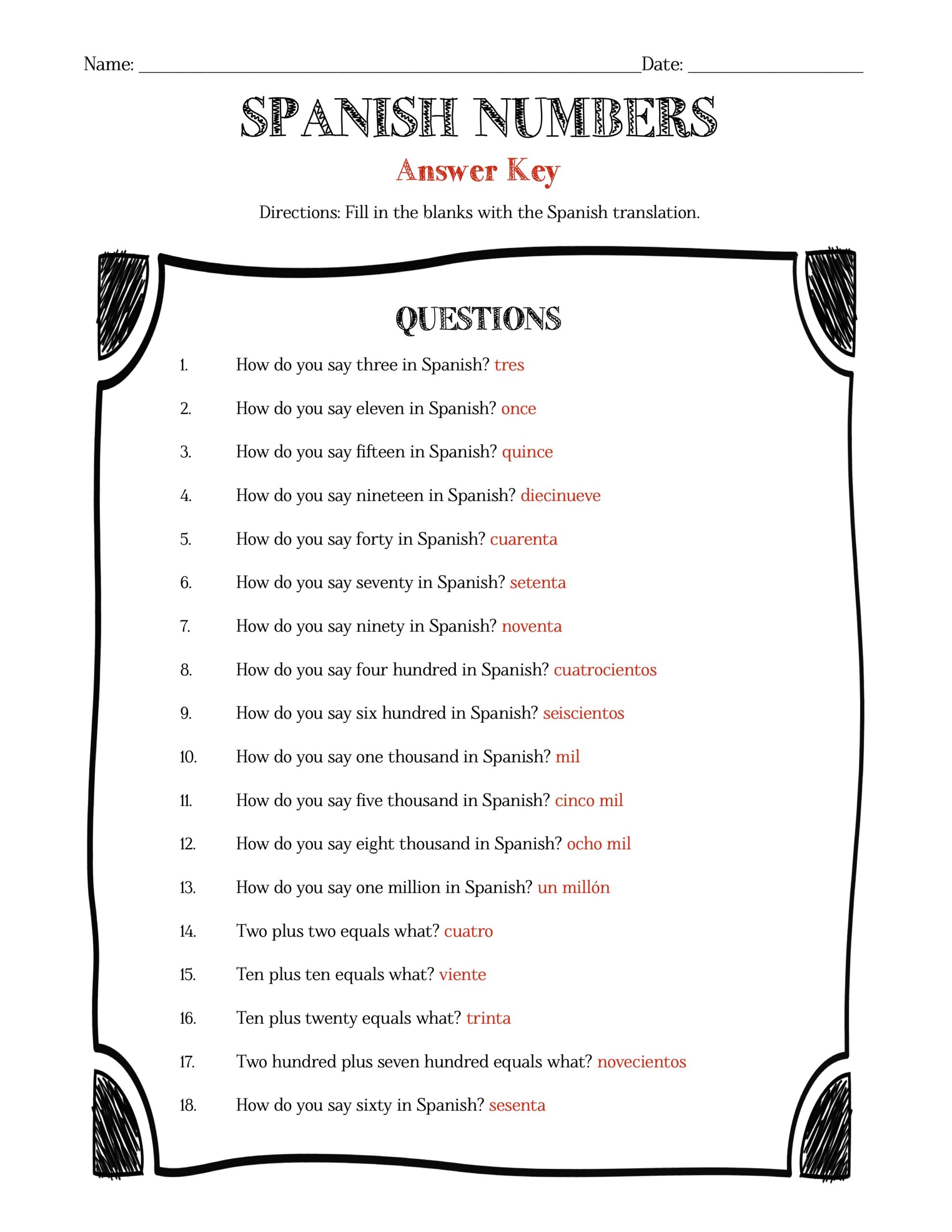 Spanish Numbers Information Sheet, Worksheet & Answer Key | Made By ...