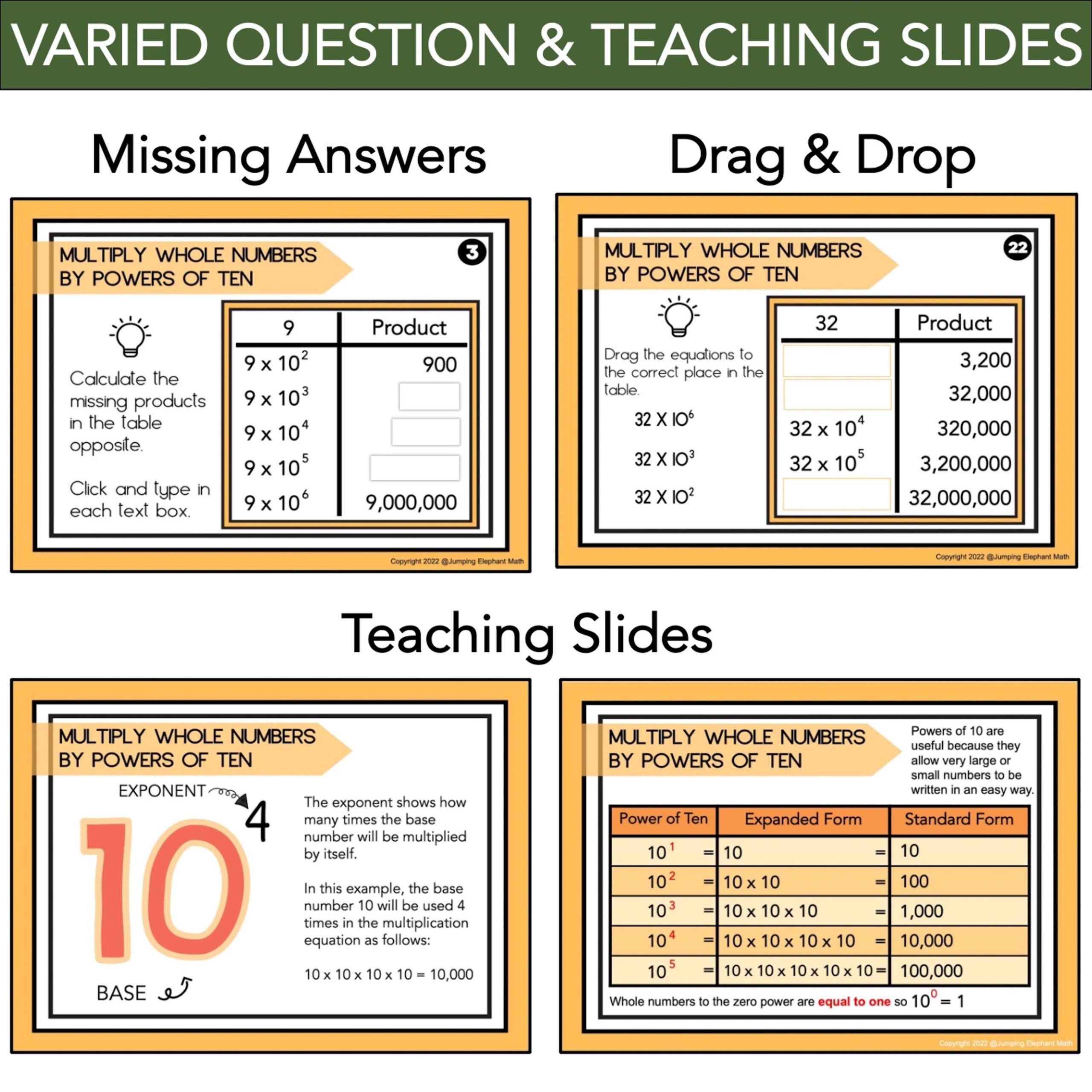 Multiply Whole Numbers by Powers of Ten with Exponents Boom Cards ...