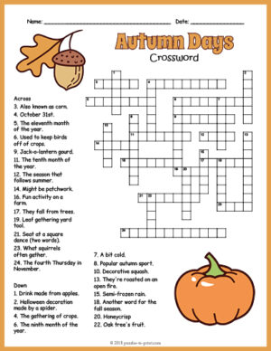 No Prep Fall Activity - Autumn Days Crossword Puzzle Worksheet - 4 ...