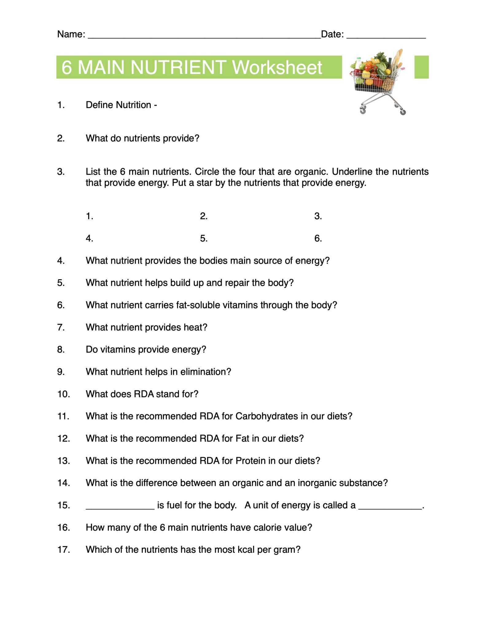 6 Main Nutrients Content Sheet, Worksheet and Answer Key | Made By Teachers
