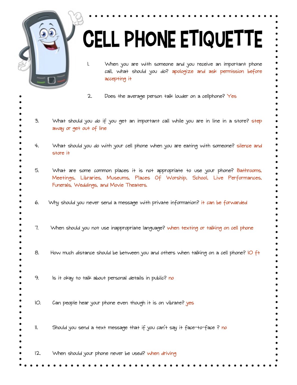 Cell Phone Etiquette Worksheet Packet | Made By Teachers