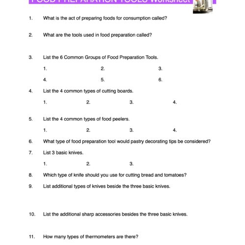 Food Preparation Tools Content Sheet, Worksheet And Answer Key | Made ...