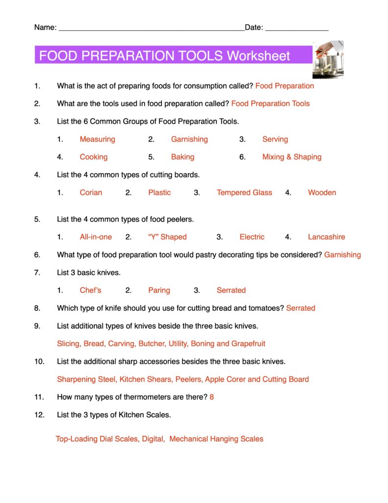 Food Preparation Tools Content Sheet, Worksheet And Answer Key | Made ...