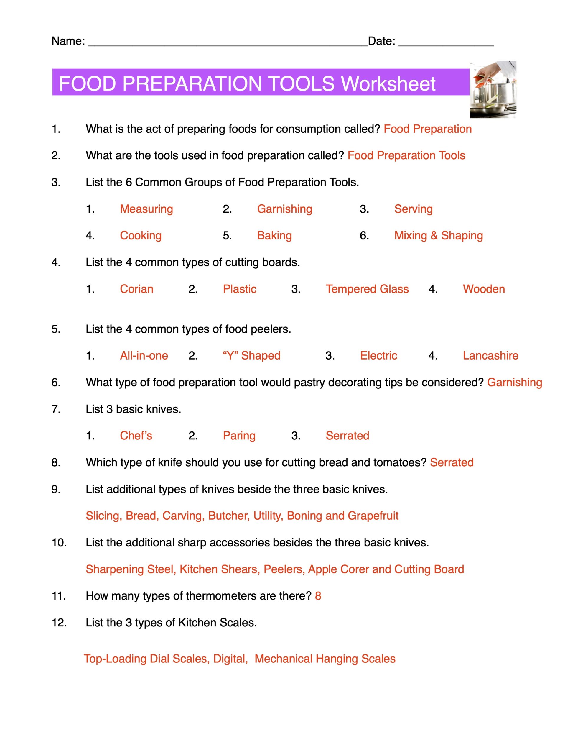 Food Preparation Tools Content Sheet, Worksheet And Answer Key | Made ...