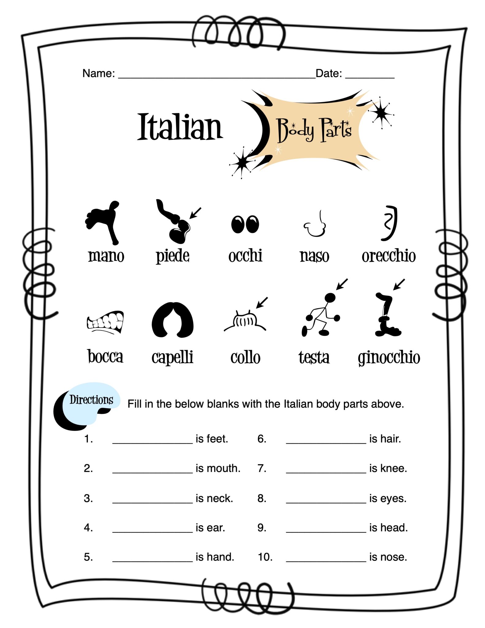 Italian Body Parts Worksheet Packet | Made By Teachers