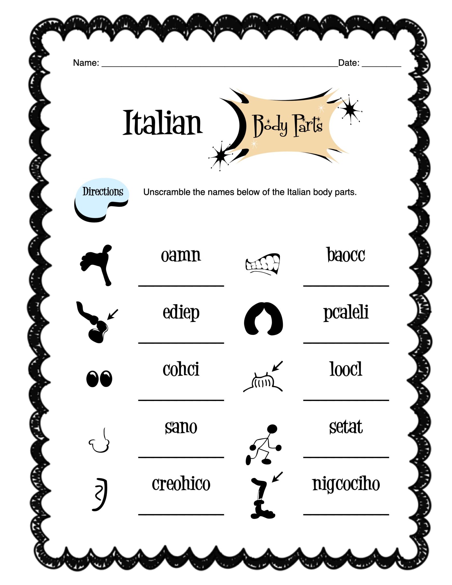 Italian Body Parts Worksheet Packet | Made By Teachers