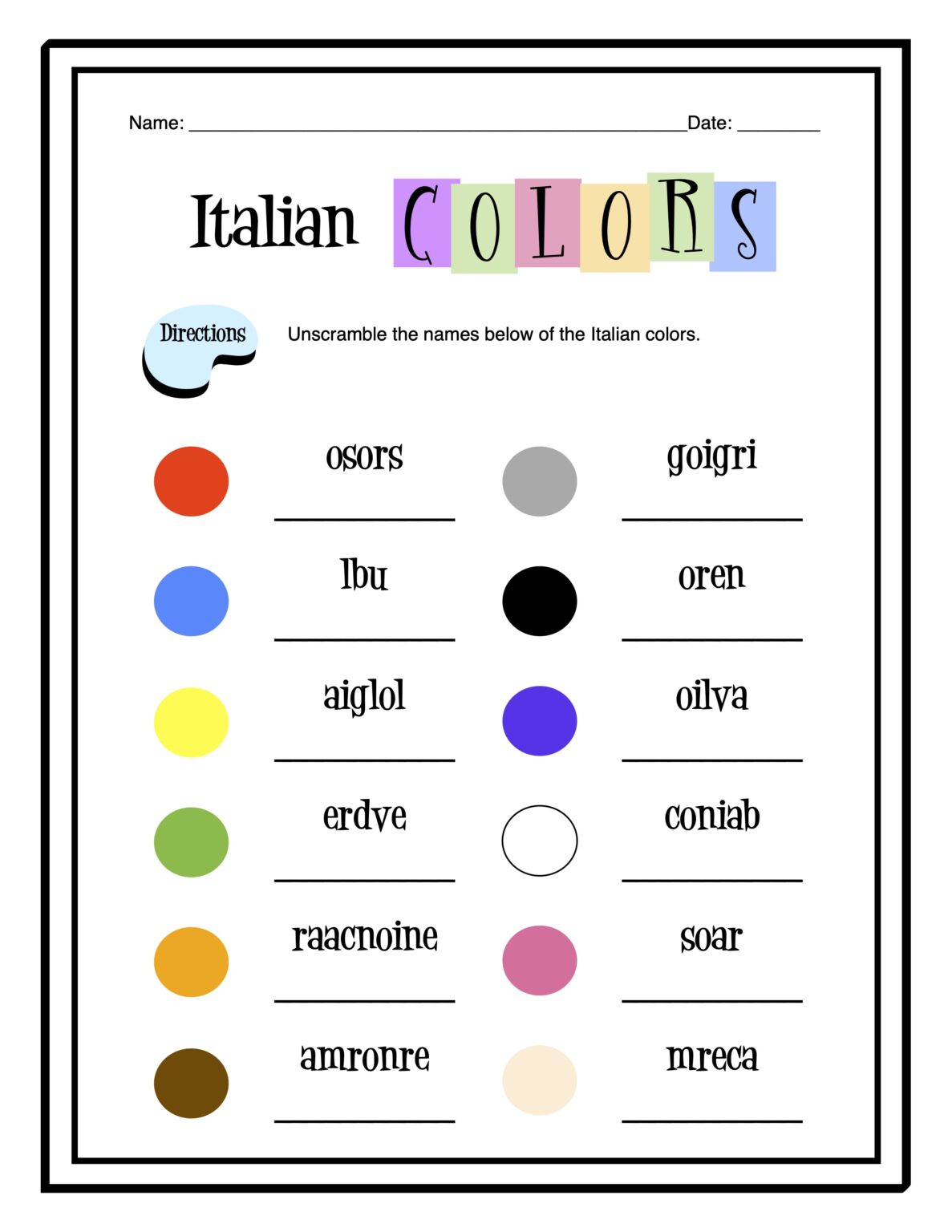Italian Colors Worksheet Packet | Made By Teachers
