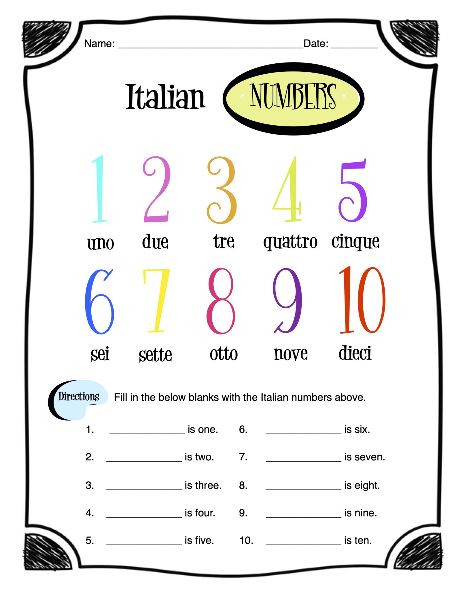 Italian Numbers 1-10 Worksheet Packet | Made By Teachers