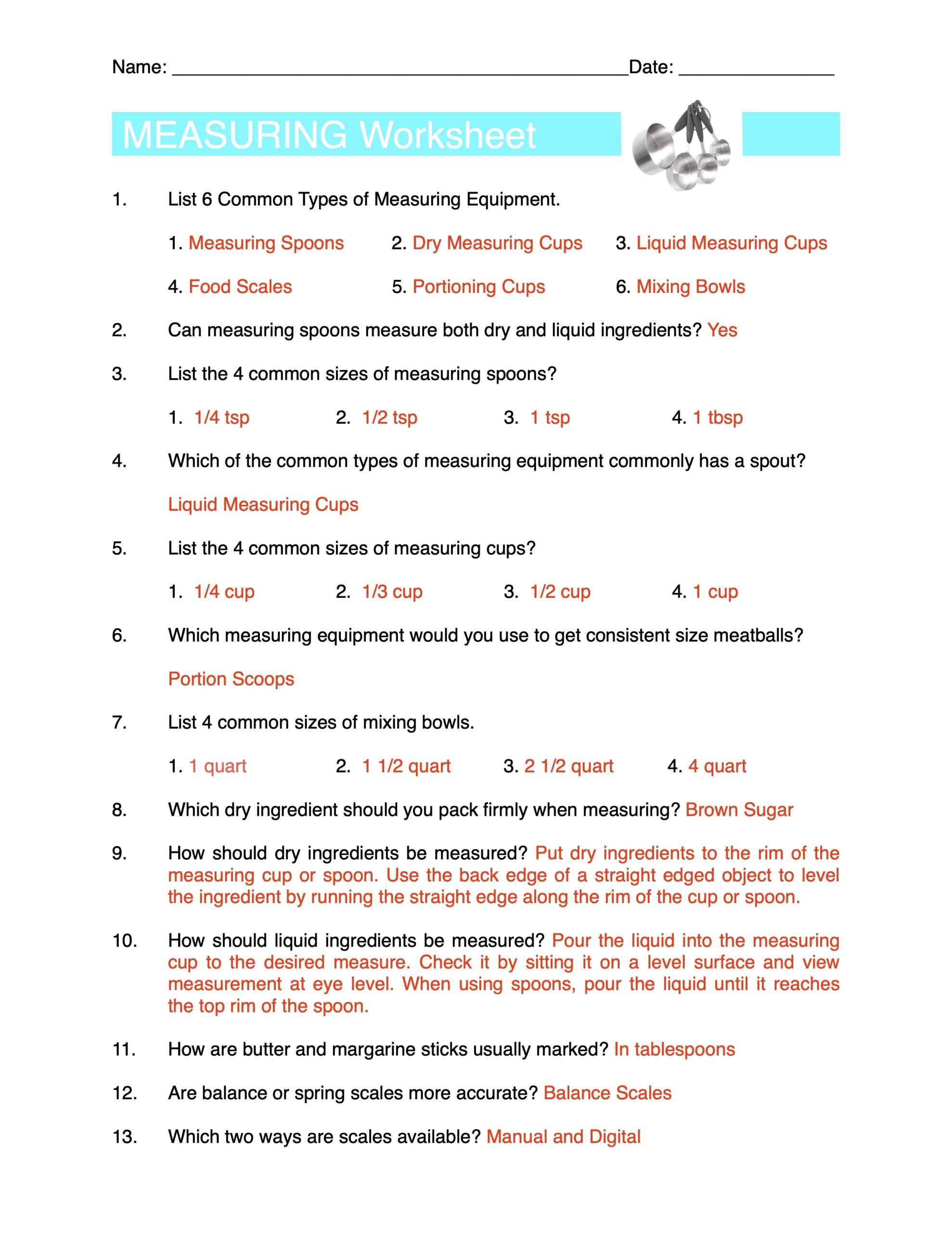 Measuring Content Sheet, Worksheet And Answer Key | Made By Teachers