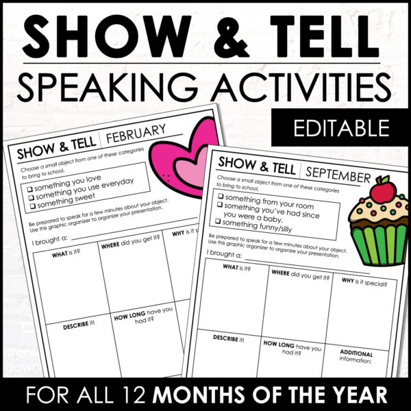 Show and Tell Year Long Topic Prompts - Monthly Speaking Activities ...
