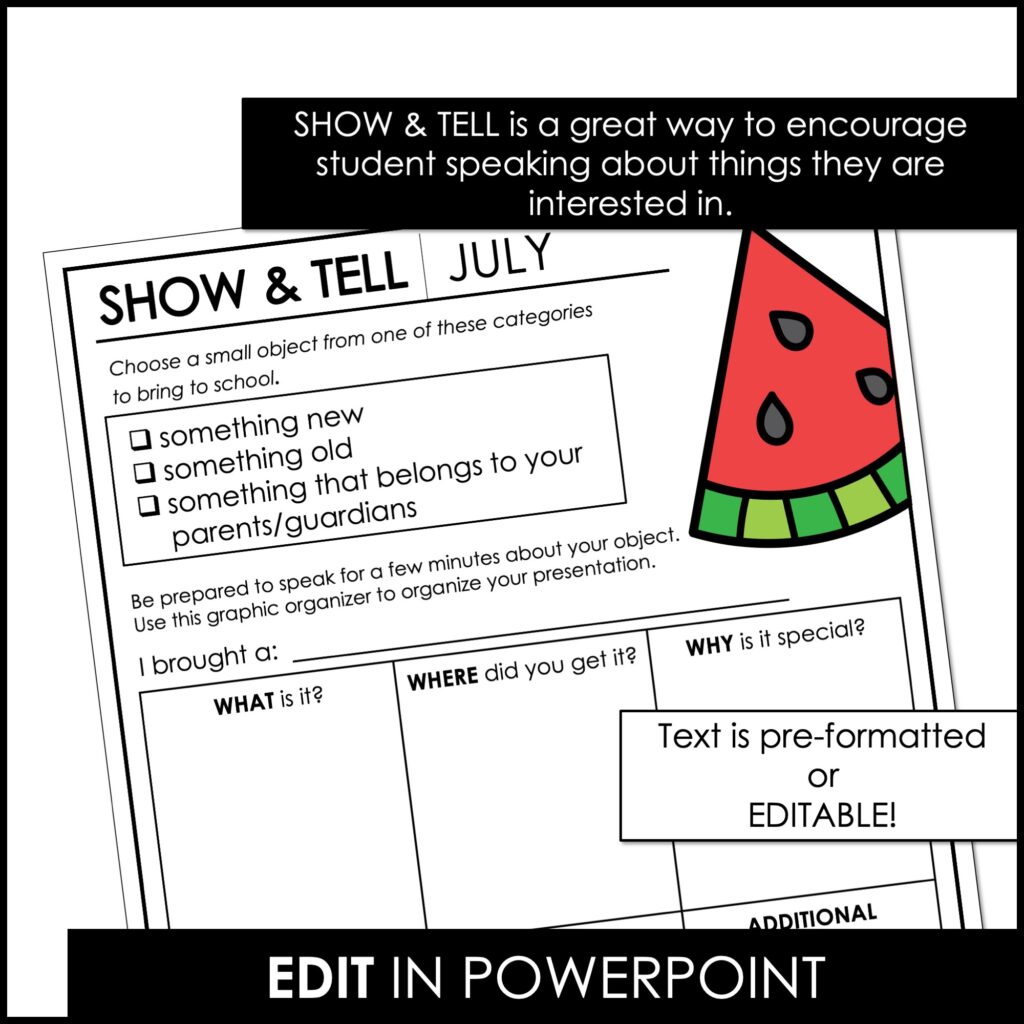 Show and Tell Year Long Topic Prompts - Monthly Speaking Activities ...