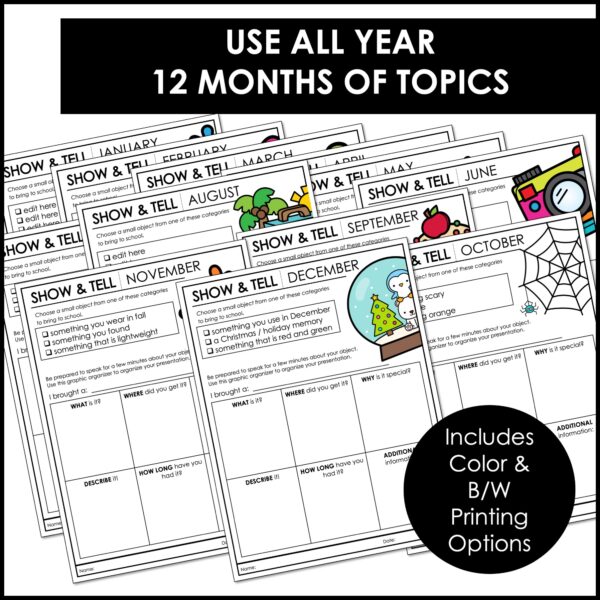 Show and Tell Year Long Topic Prompts - Monthly Speaking Activities ...
