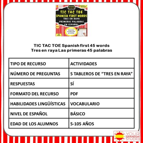 TIC TAC TOE Spanish first words Tres en raya Las primeras 45 palabras ...