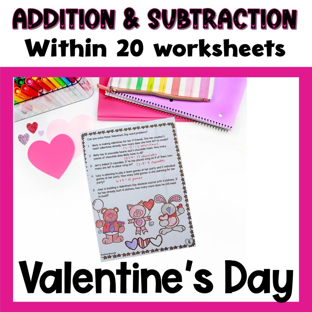Valentine's Day Adding and Subtracting within 20 Worksheets | Made By ...