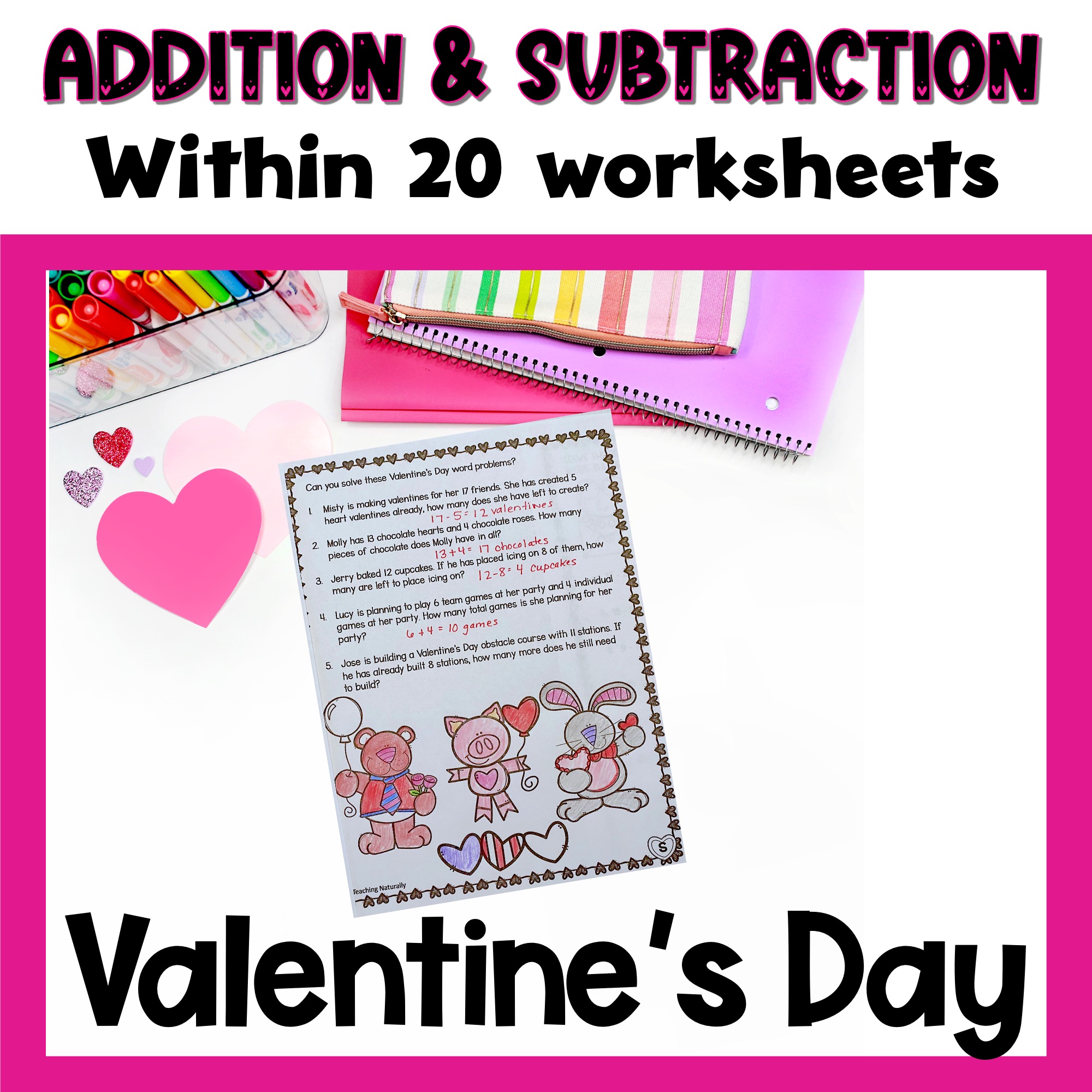 Valentine's Day Adding and Subtracting within 20 Worksheets | Made By ...