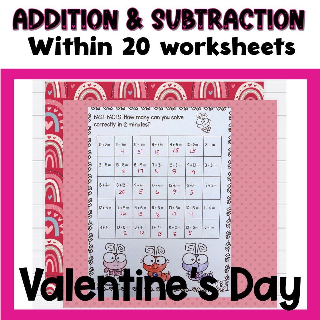 Valentine's Day Adding and Subtracting within 20 Worksheets | Made By ...