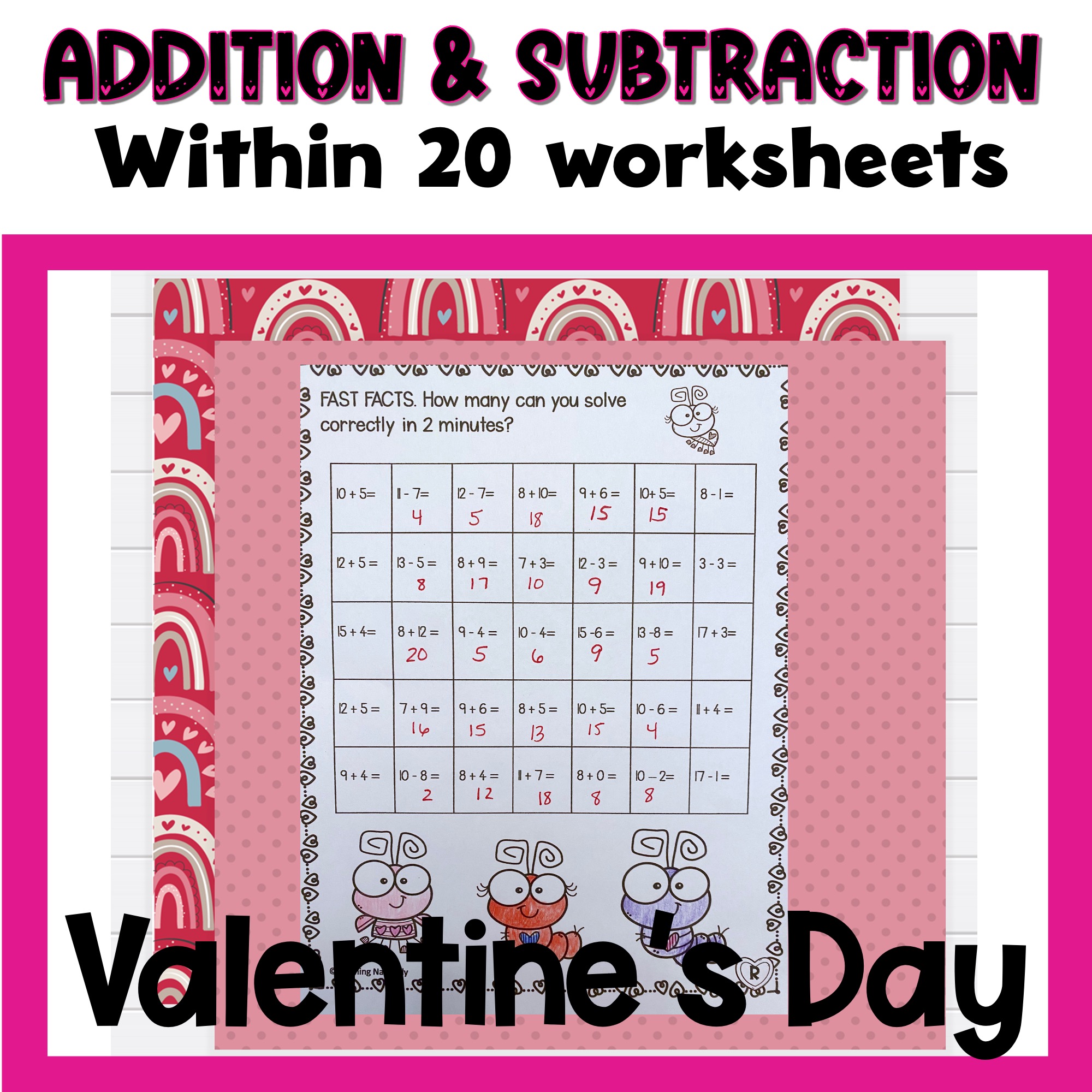 Valentine's Day Adding and Subtracting within 20 Worksheets | Made By ...
