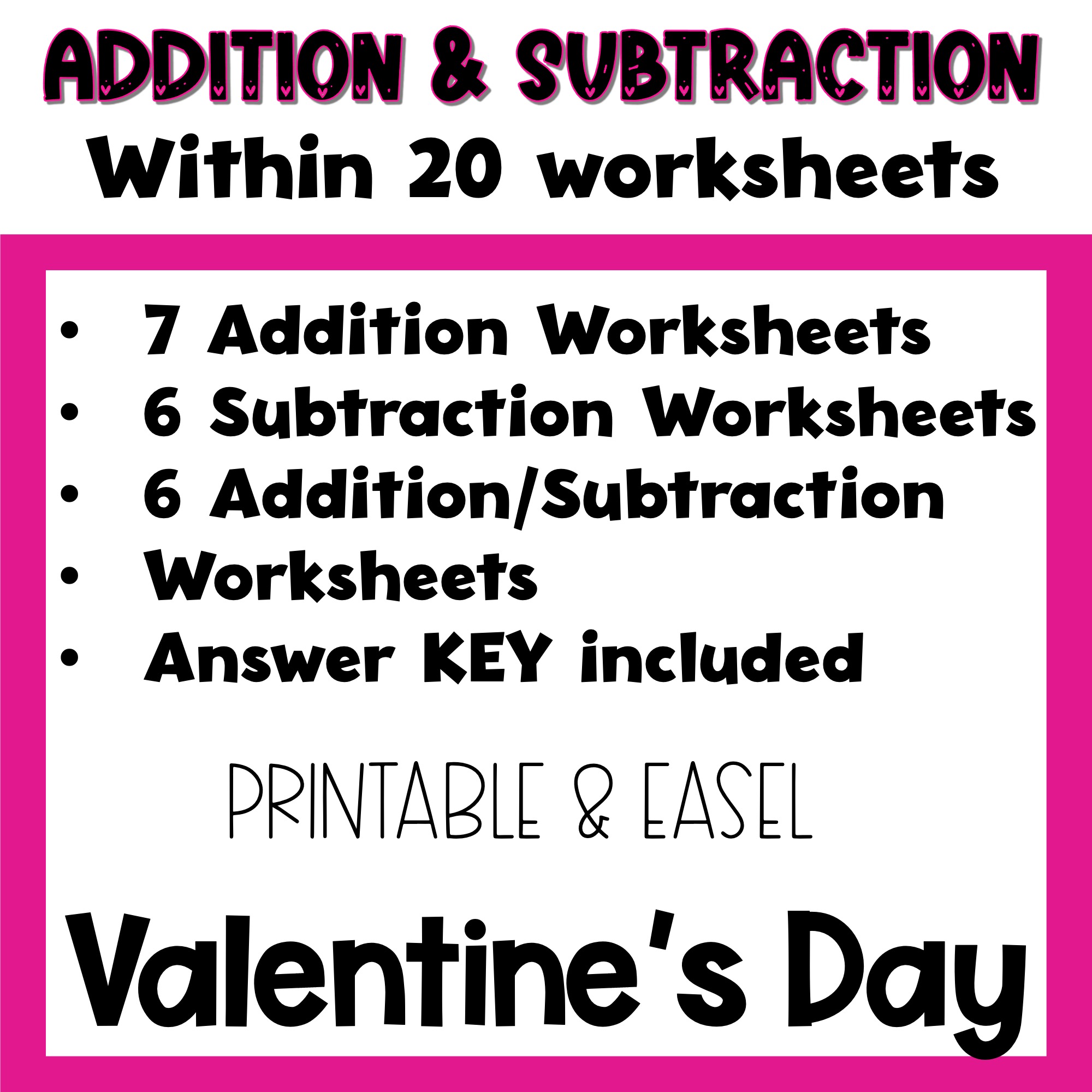 Valentine's Day Adding and Subtracting within 20 Worksheets | Made By ...