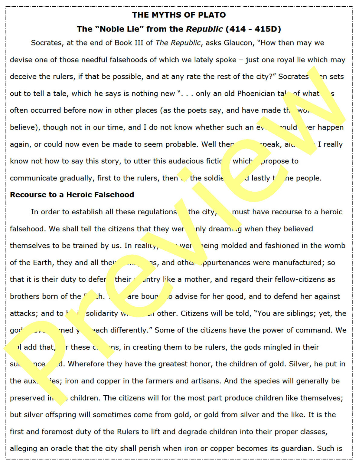 The Noble Lie from Plato's Republic Philosophy in the Classroom Series ...