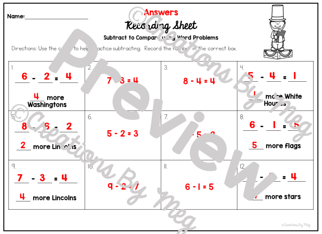 President's Day: Subtract to Compare (1.OA.A.1) | Made By Teachers