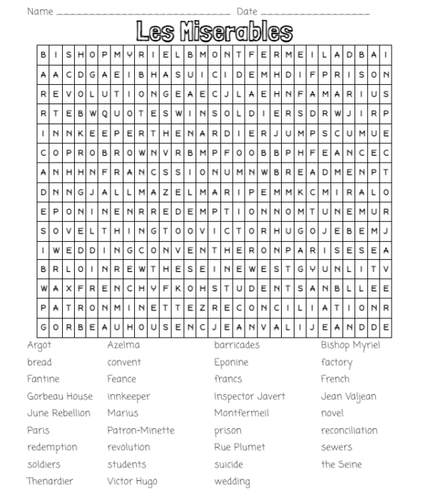 Les Miserables Word Search | Made By Teachers