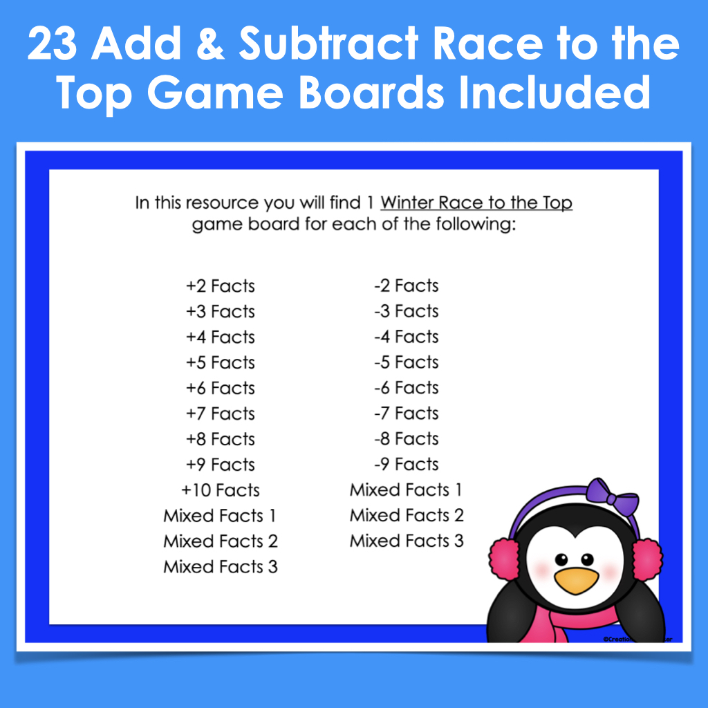 Winter Math Games Addition and Subtraction Fact Fluency Easy Prep ...