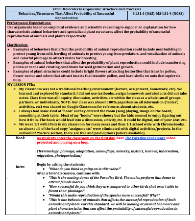 8th Science Lesson Adaptations/Behaviors for Reprod OAS 8.LS1.4 NGSS MS ...