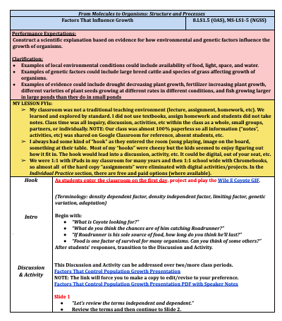 8th Science Lesson Factors That Influence Growth OAS 8.LS1.5 NGSS MS ...