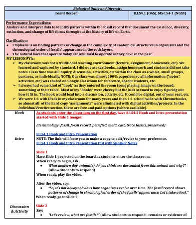 8th Science Lesson Fossil Record OAS 8.LS4.1 NGSS MS-LS4-1 | Made By ...