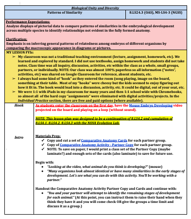 8th Science Lesson Patterns of Similarity OAS 8.LS4.3 NGSS MS-LS4-3 ...