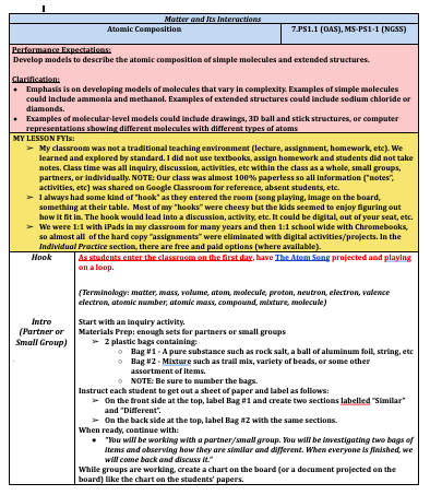 7th Science Lesson Atomic Composition OAS 7.PS1.1 NGSS MS-PS1-1 | Made ...