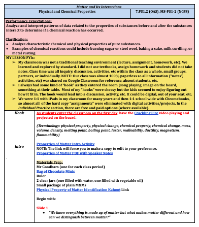 7th Science Lesson Physical & Chemical Properties OAS 7.PS1.2 NGSS MS ...