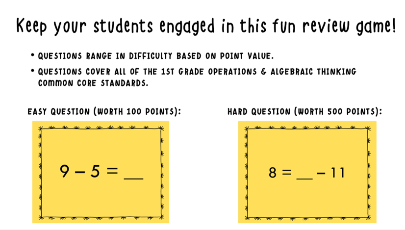 1st Grade Math Jeopardy Game: Operations and Algebraic Thinking ...