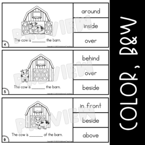 Farm Preposition Clip Cards Task Cards Positional Words Cow and Barn ...