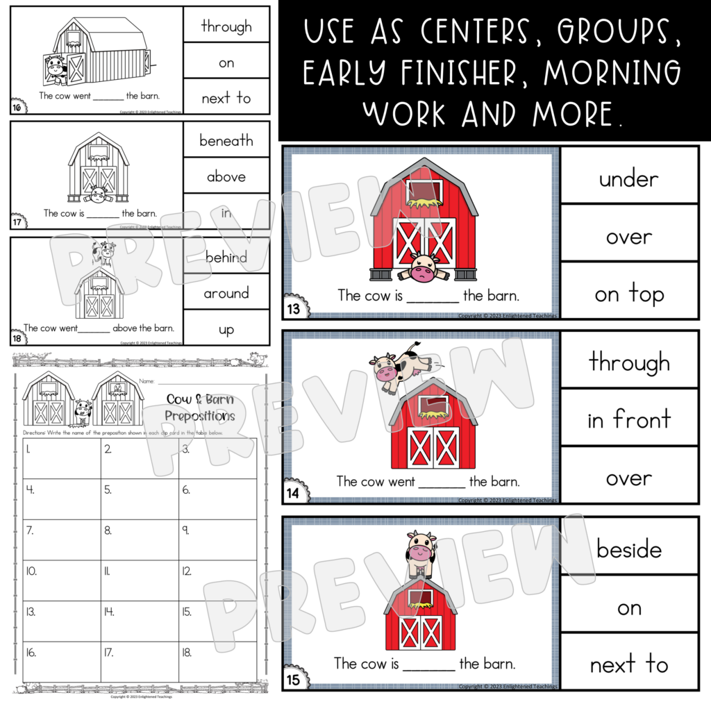 Farm Preposition Clip Cards Task Cards Positional Words Cow and Barn ...