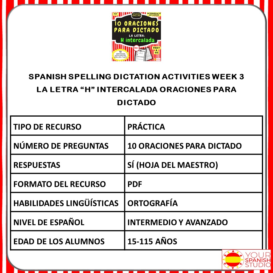 SPANISH SPELLING DICTATION NO PREP WEEK 3 La H intercalada Oraciones ...
