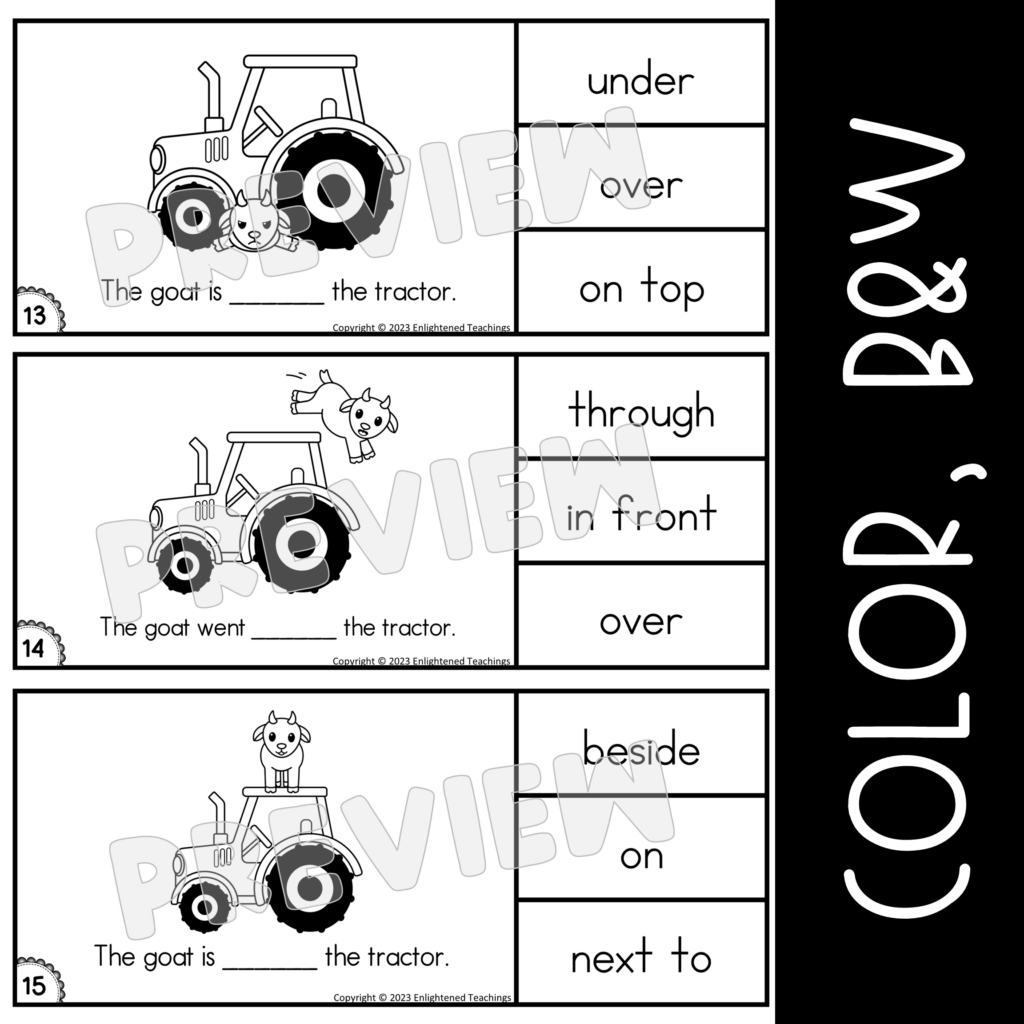 Farm Preposition Clip Cards Task Cards Positional Words Goat and ...