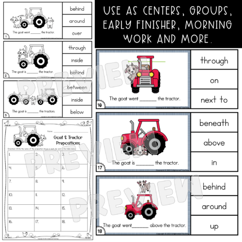 Farm Preposition Clip Cards Task Cards Positional Words Goat and ...