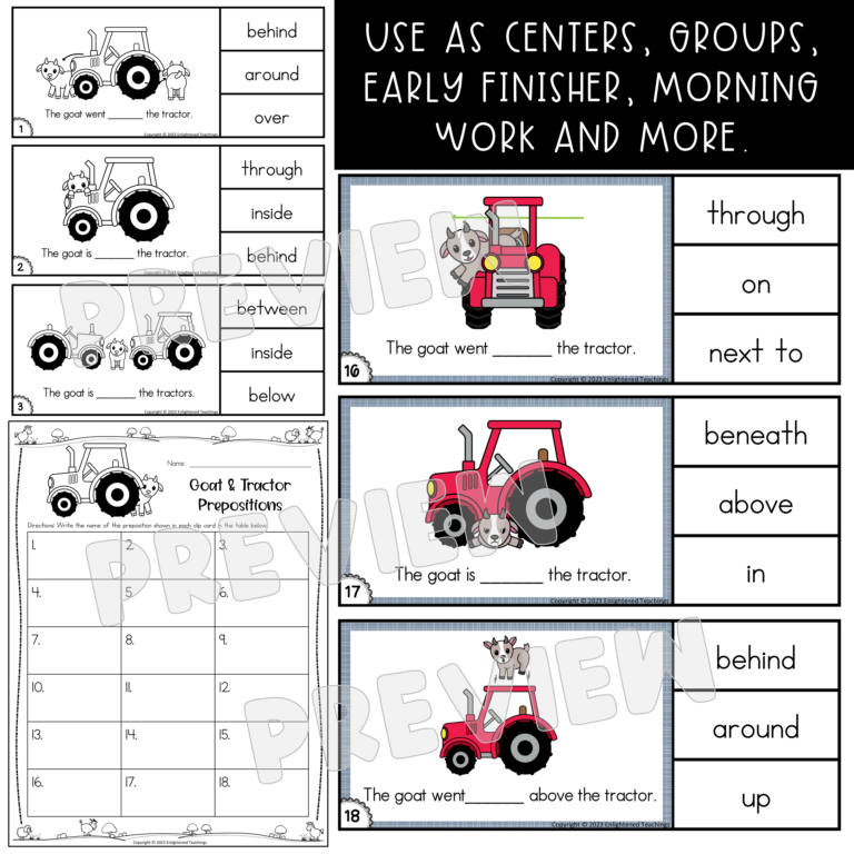 Farm Preposition Clip Cards Task Cards Positional Words Goat and ...