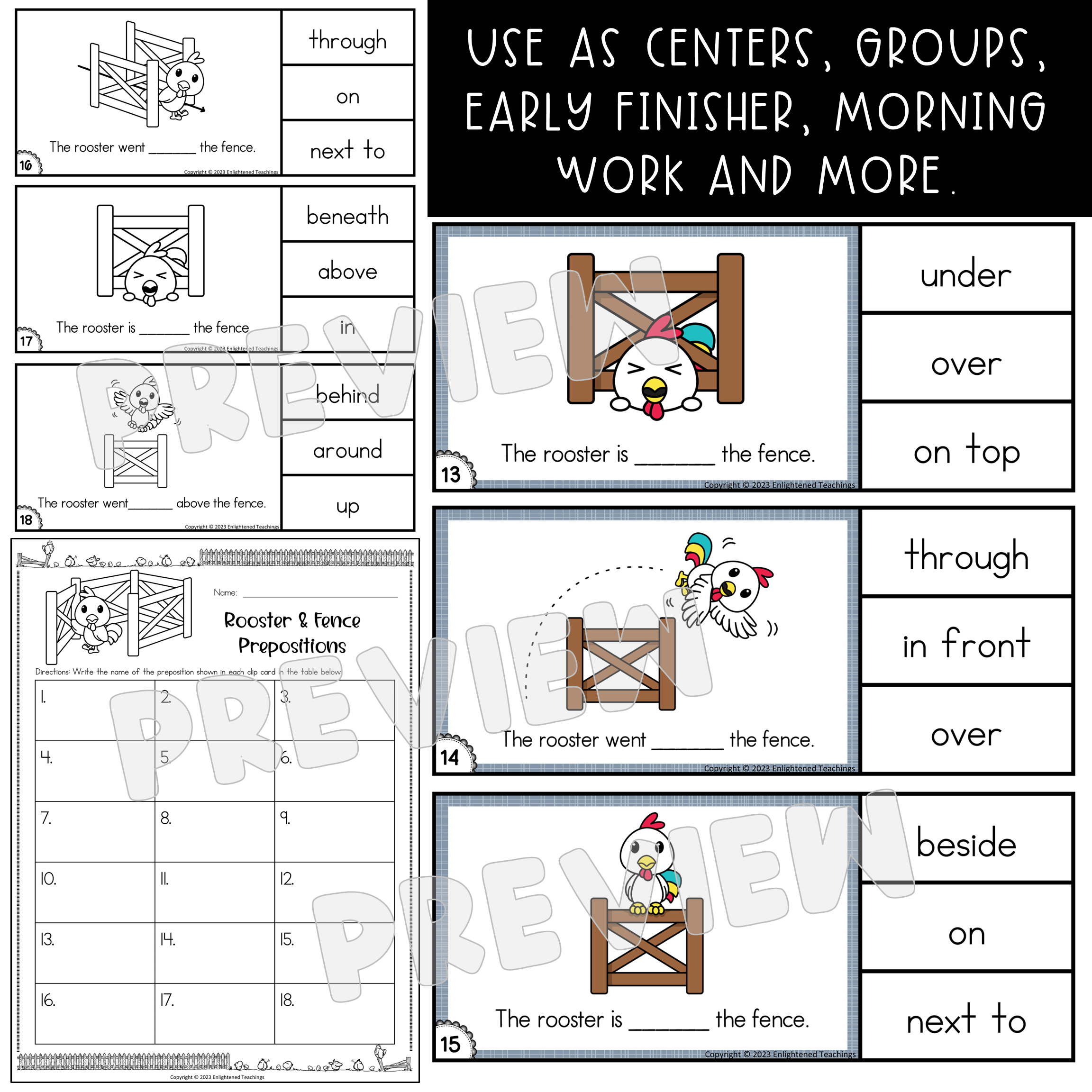 Farm Preposition Clip Cards Task Cards Positional Words Rooster and ...