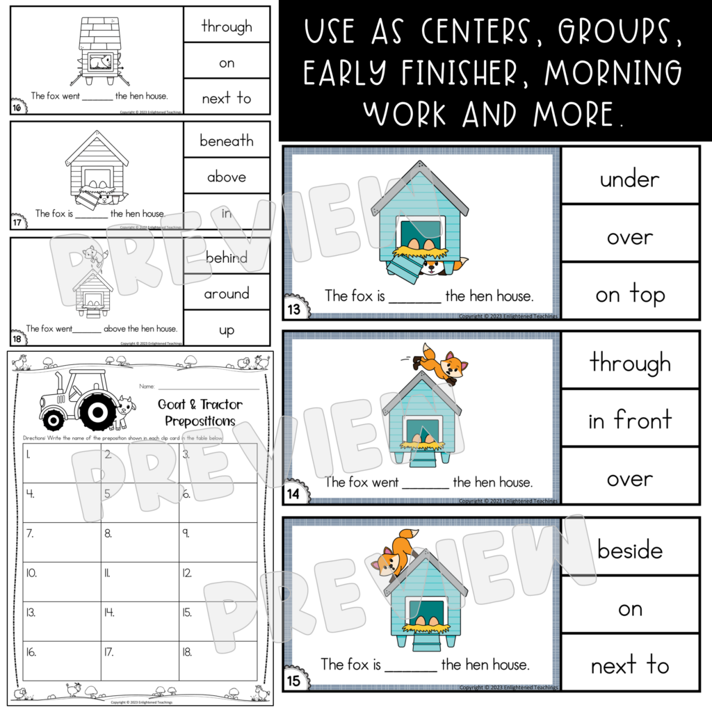 Farm Preposition Clip Cards Task Cards Positional Words Fox and Hen ...
