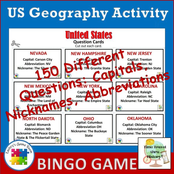 United States BINGO Review Game -State Capitals, State Abbreviations ...