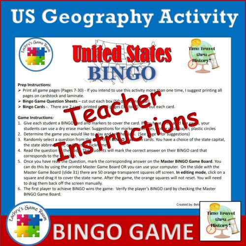 United States BINGO Review Game -State Capitals, State Abbreviations ...