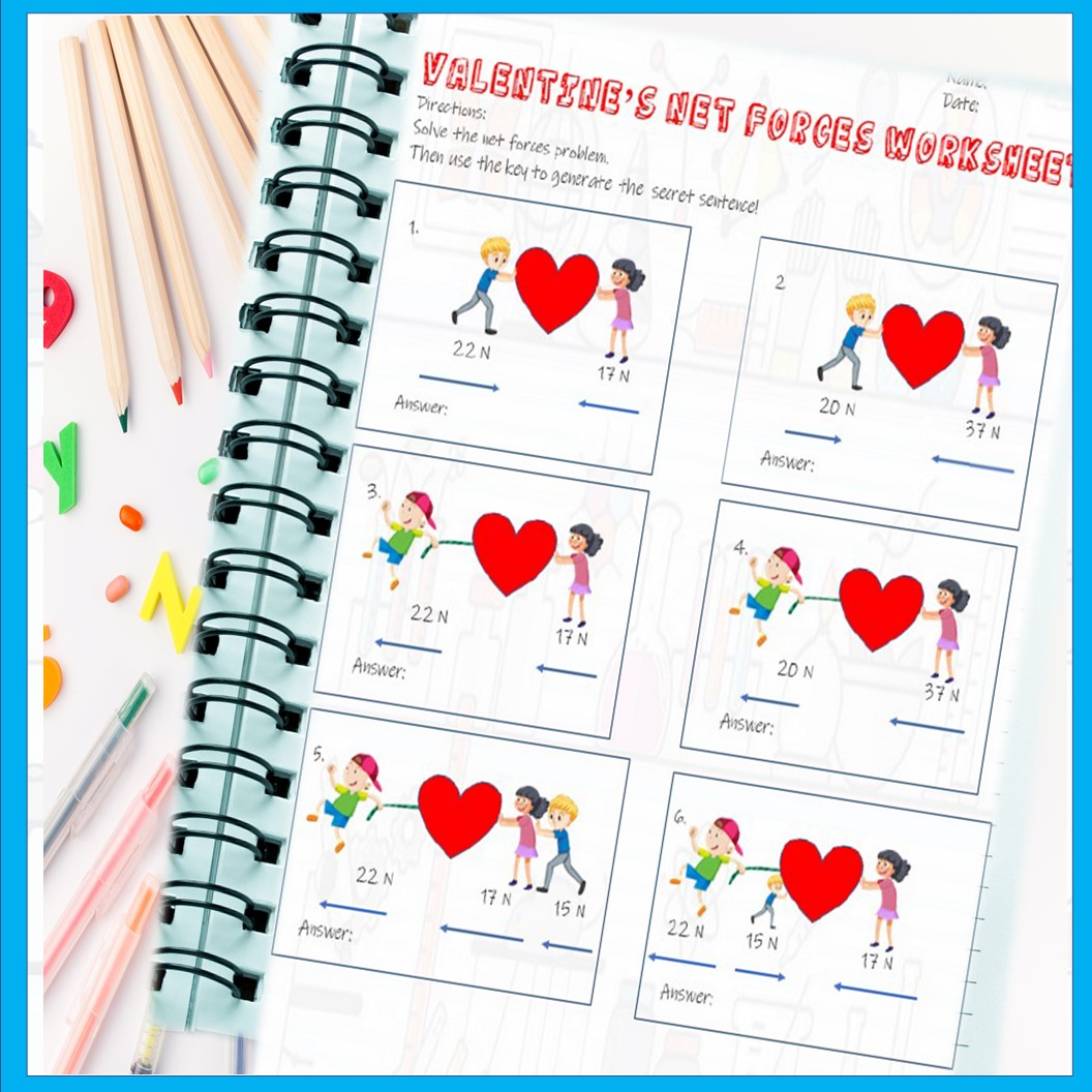 Valentine's Day Calculating Net Forces Worksheet | Made By Teachers