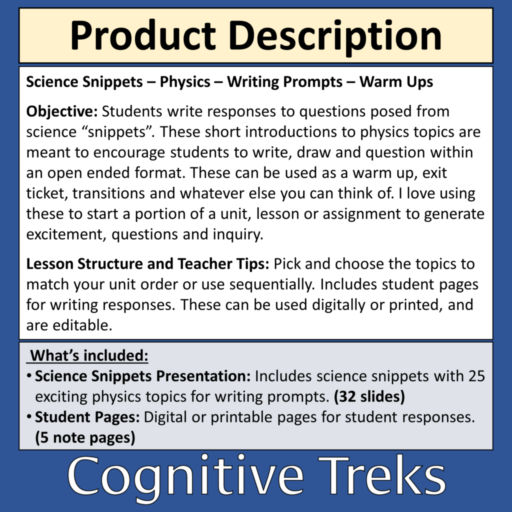 Physics Writing Prompts | 25 Science Snippets | Warm Ups | Science ...