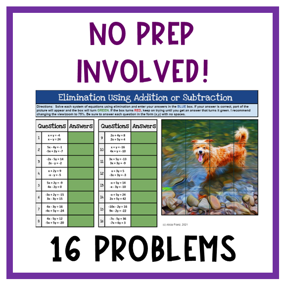 Solving Systems of Equations by Elimination Activity Digital Pixel Art ...