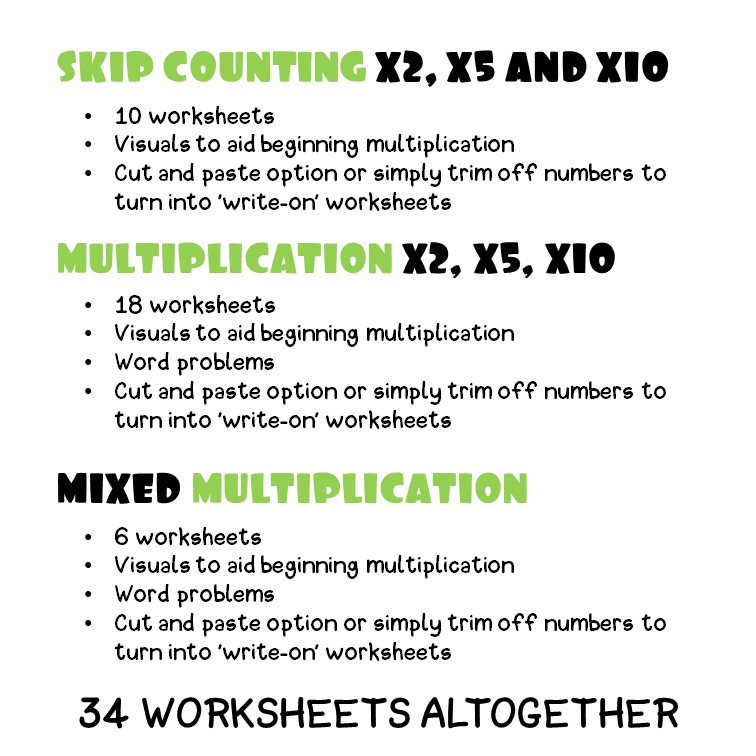 Simple Multiplication Worksheets with pictures - skip counting by 2, 5 ...
