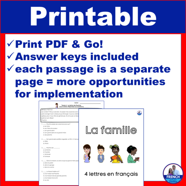 French Family Reading Comprehension Print & Google Forms | Made By Teachers