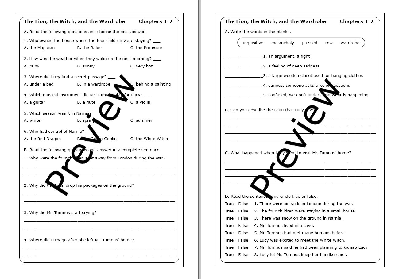 C. S. Lewis "The Lion, the Witch, and the Wardrobe" worksheets | Made ...