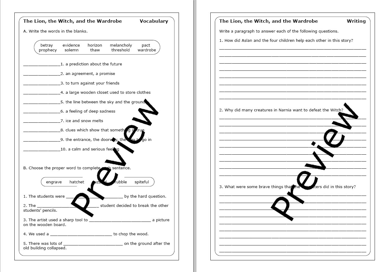 C. S. Lewis "The Lion, the Witch, and the Wardrobe" worksheets | Made ...